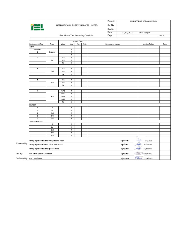 Fire Alarm Test Sounding Checklist | PDF