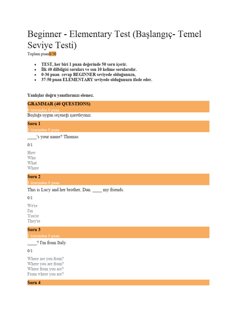 Beginner-Elementary English Test | PDF | Self-Improvement | Lifestyle