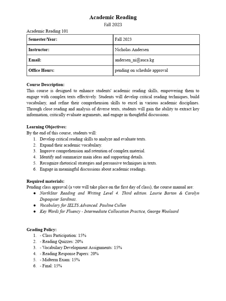 Academic Reading Syllabus | Download Free PDF | Reading Comprehension ...