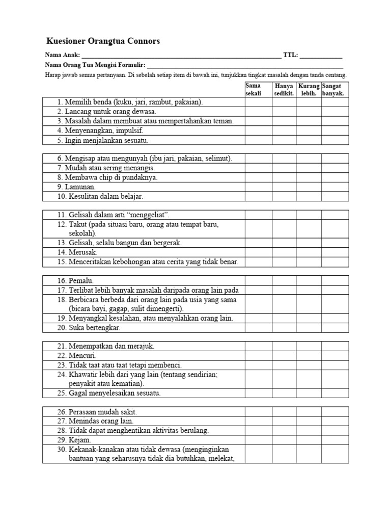 CONNERS - Daftar Periksa ADHD Dan Lembar Ringkasan Skala Penilaian | PDF