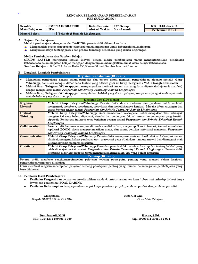 RPP 10 Daring IPA Kelas 9 Sem.2 | PDF | Karier & Perkembangan | Seni