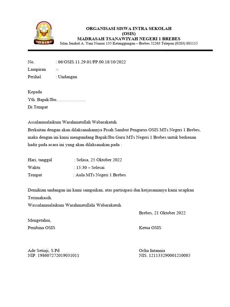 34 - Contoh Surat Undangan Rapat OSIS | PDF