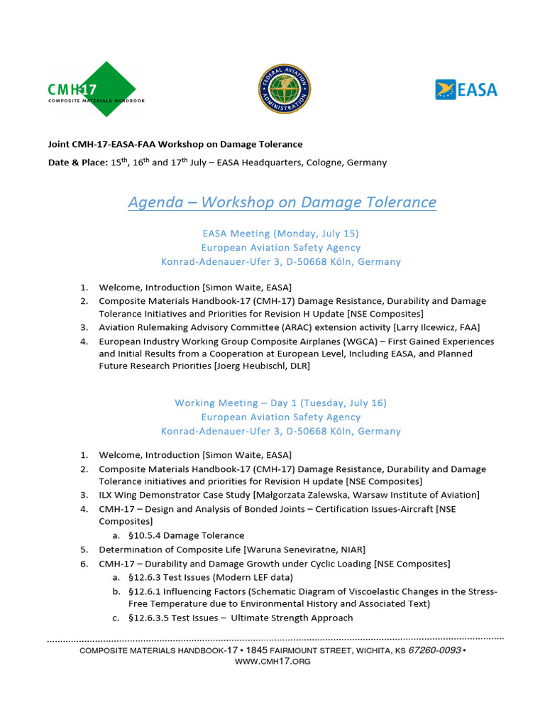 Agenda - Joint CMH-17-EASA-FAA Workshop On Damage Tolerance (July 15 ...