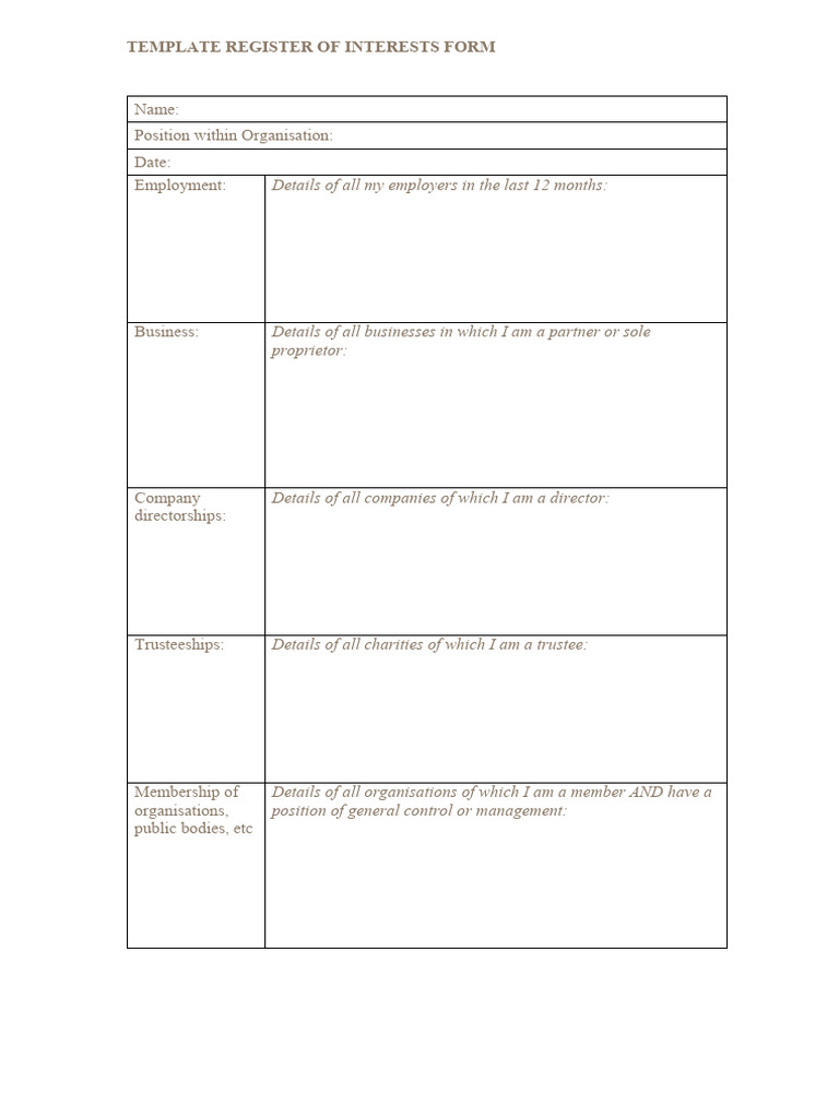 Template Register of Interests Form | PDF | Business | Law