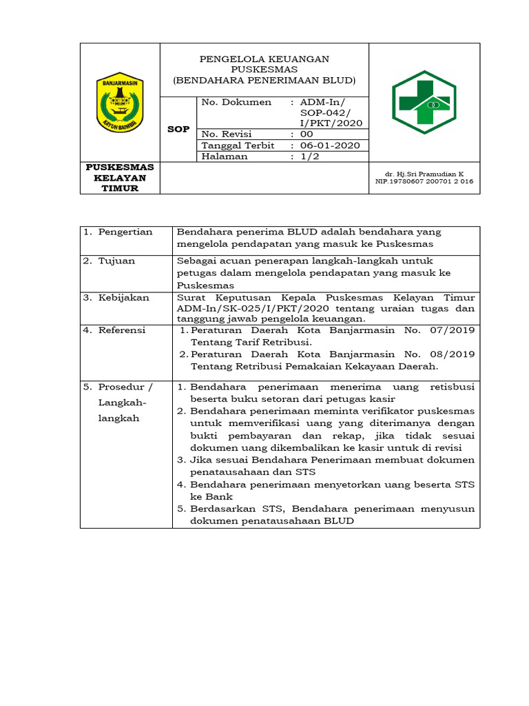 SOP Bendahara Penerimaan BLUD Puskesmas | PDF