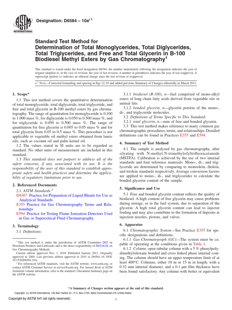 Astm d6584 Analisa Fame Dengan GC | PDF | Gas Chromatography | Chromatography