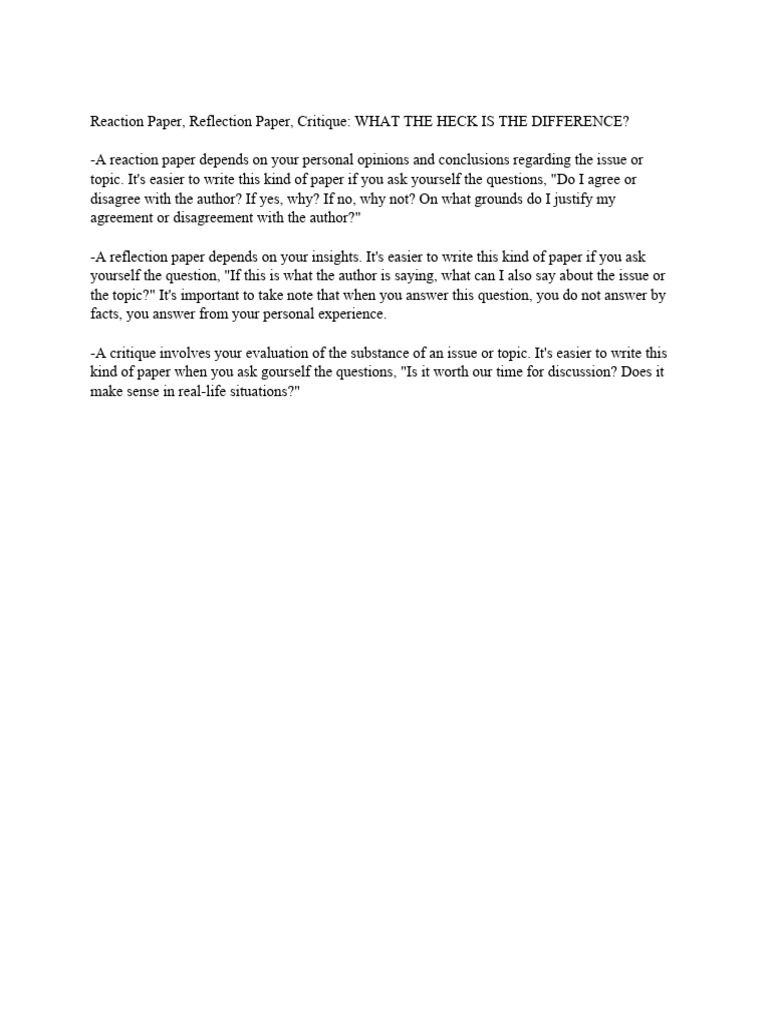 Reaction, Reflection, and Critique Paper Differences | PDF