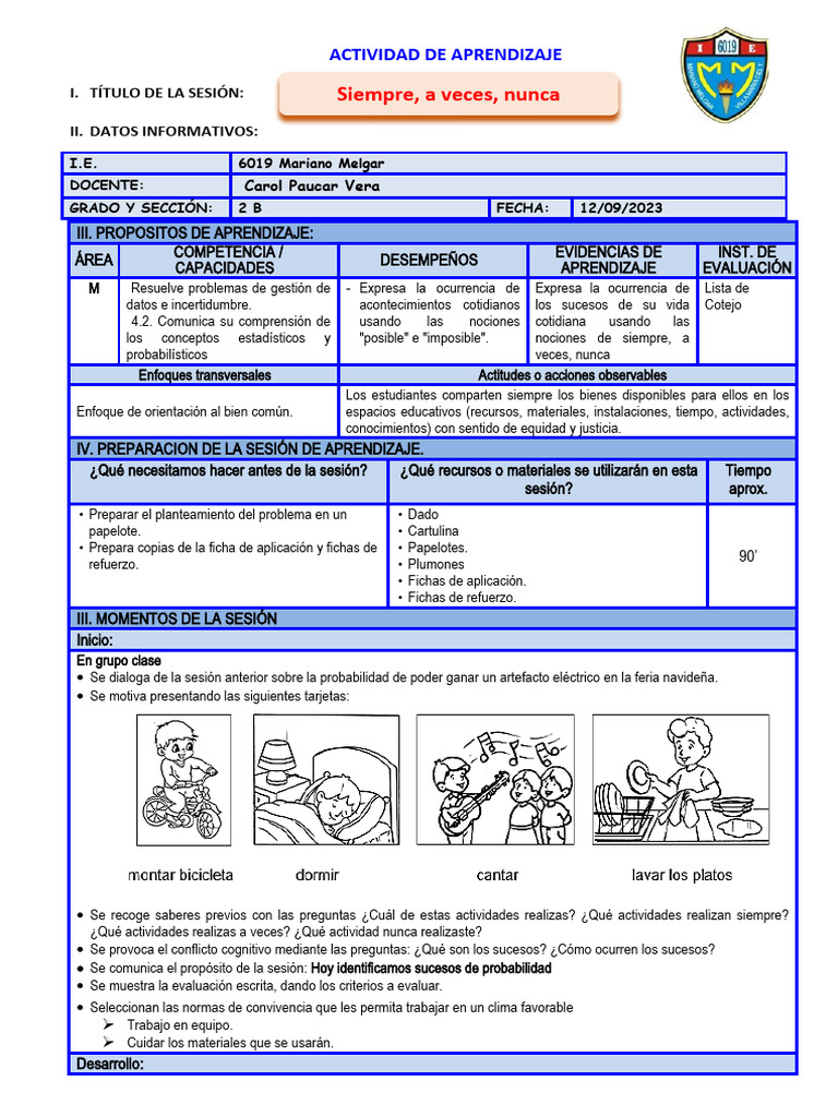 Sesion Siempre, A Veces, Nunca Matematica 12 Set. | PDF | Aprendizaje ...