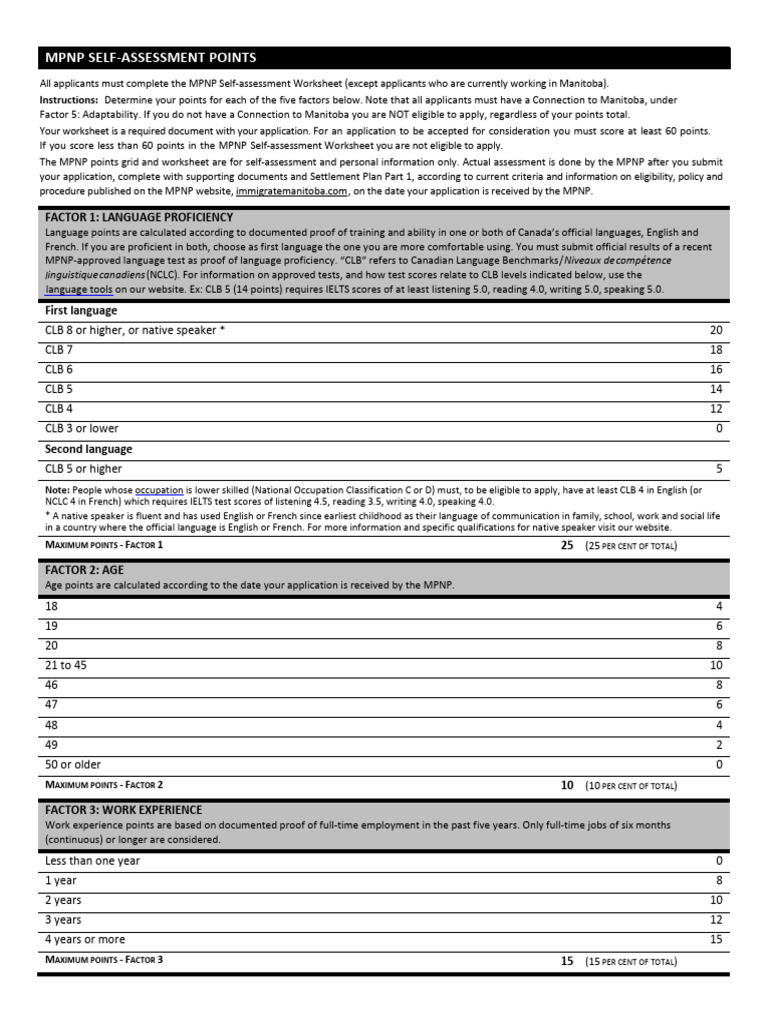 Manitoba Immigration MPNP Points Worksheet Interactive | PDF