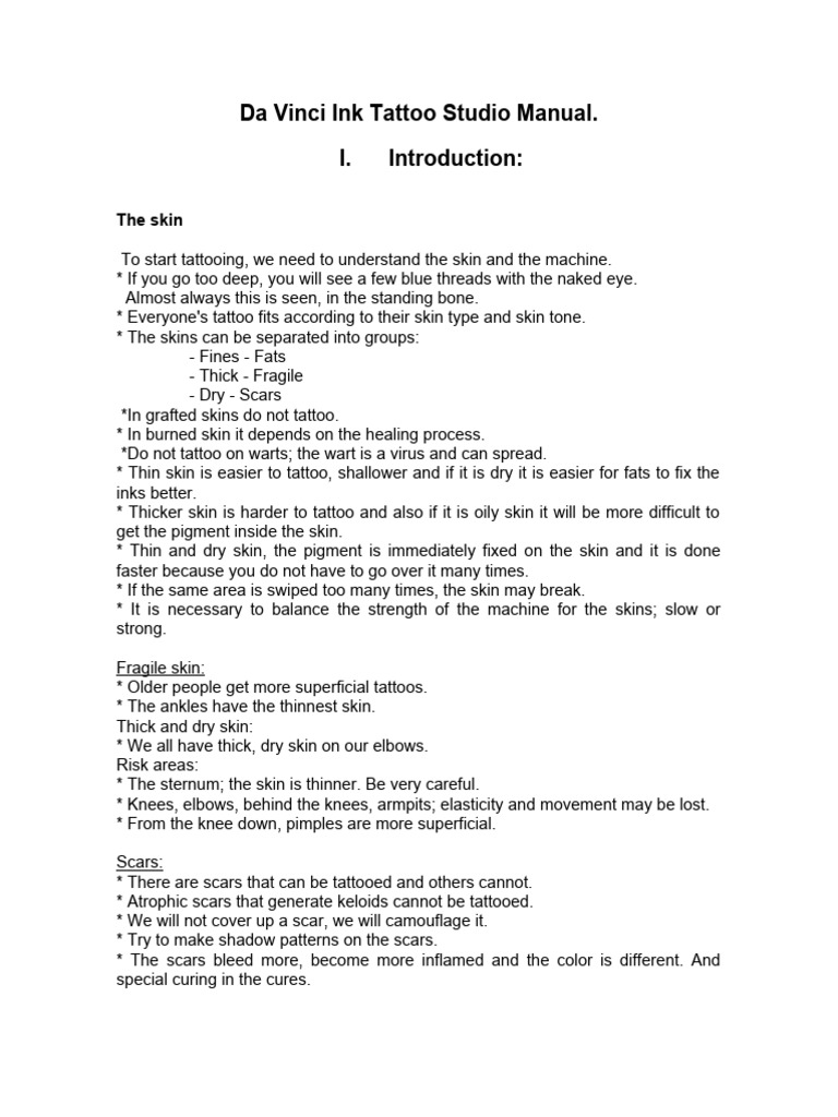 Da Vinci Ink Tattoo Tattoo Studio Manual | PDF | Tattoo | Disinfectant