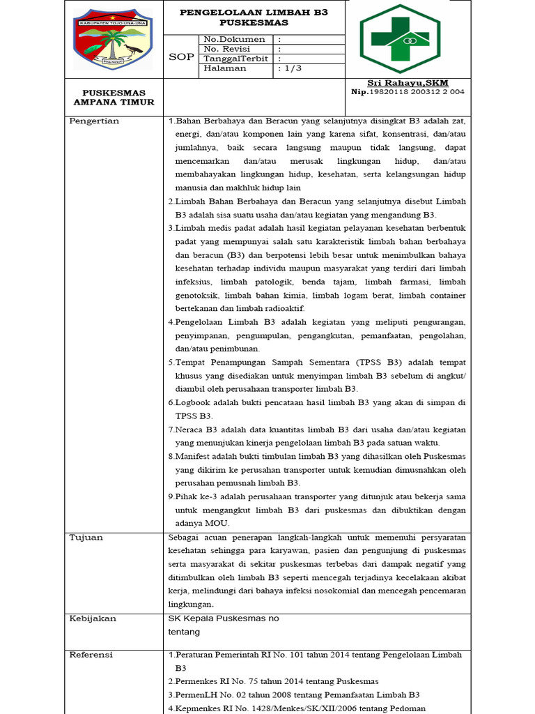 Sop Pengelolaan Limbah B3 Puskesmas | PDF