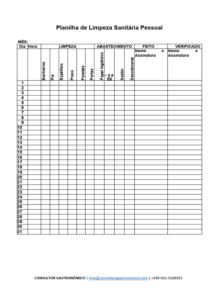 Ficha de Controle de Limpeza Sanitária | PDF