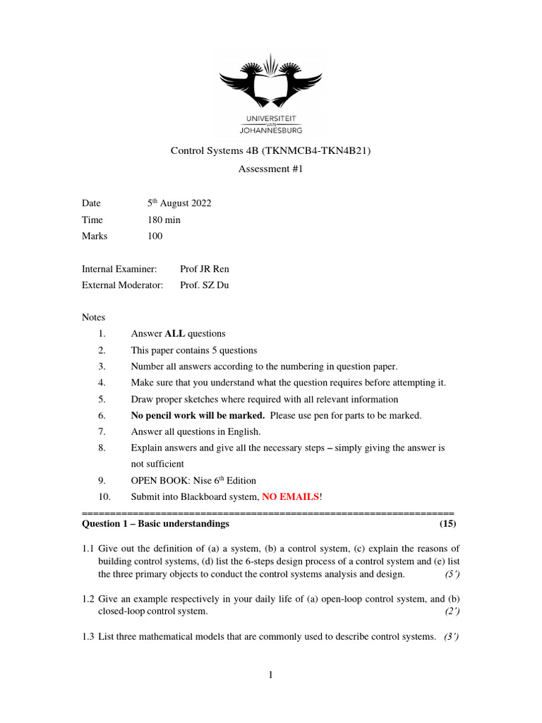 UJ - Control - Assessment#1 - 5 Aug - 2022 | PDF | Mechanics ...