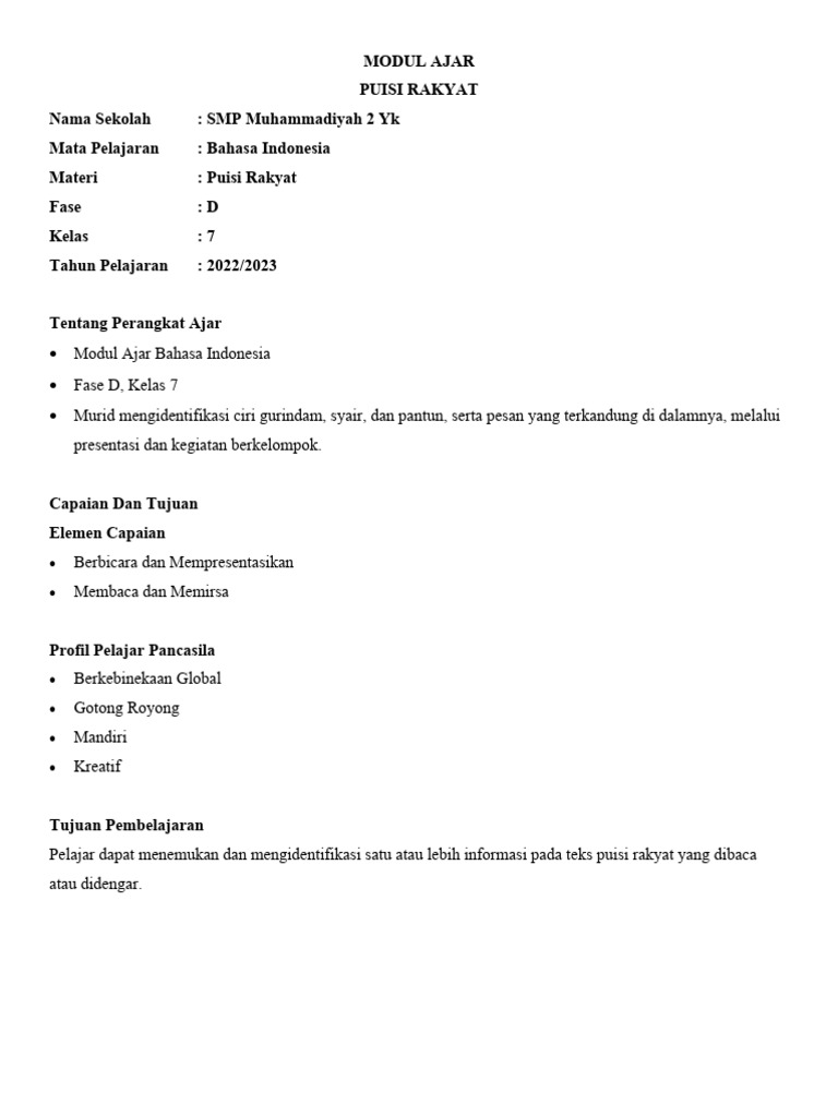 Kls 7 Modul - Bab Puisi Rakyatt | PDF | Karier & Perkembangan