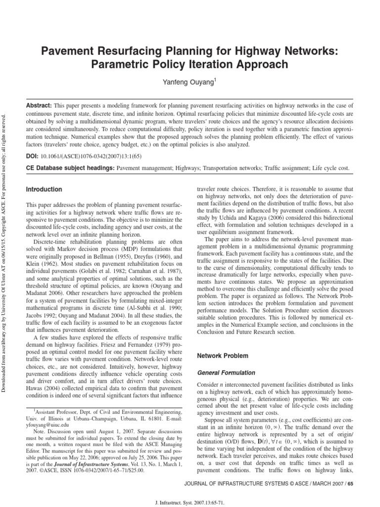 Ouyang - 2007 - Pavement Resurfacing Planning for Highway Networks Parametric Policy Iteration ...