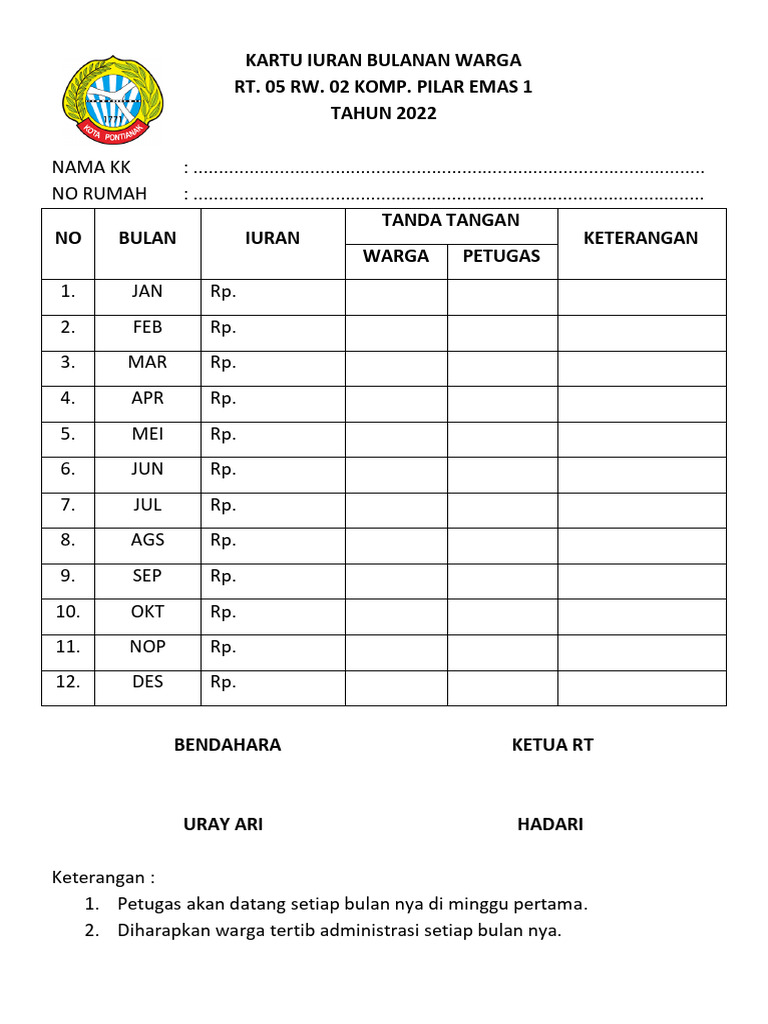 Kartu Iuran Bulanan Warga | PDF