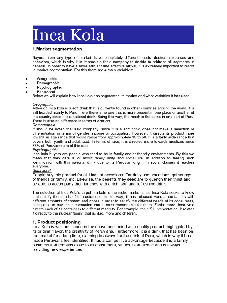 Inca Kola Segmentation | PDF | Brand | Pepsi Co