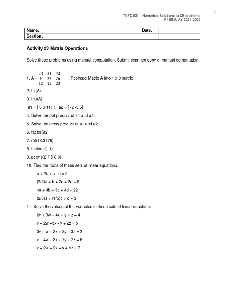 Activity #3 Matrix Operations | PDF Activity #3 Matrix Operations | PDF