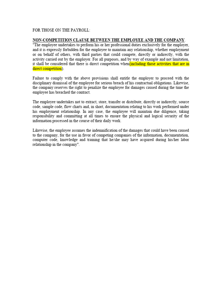 Non-Competition Clause Model | PDF | Employment | Civil Law (Legal System)