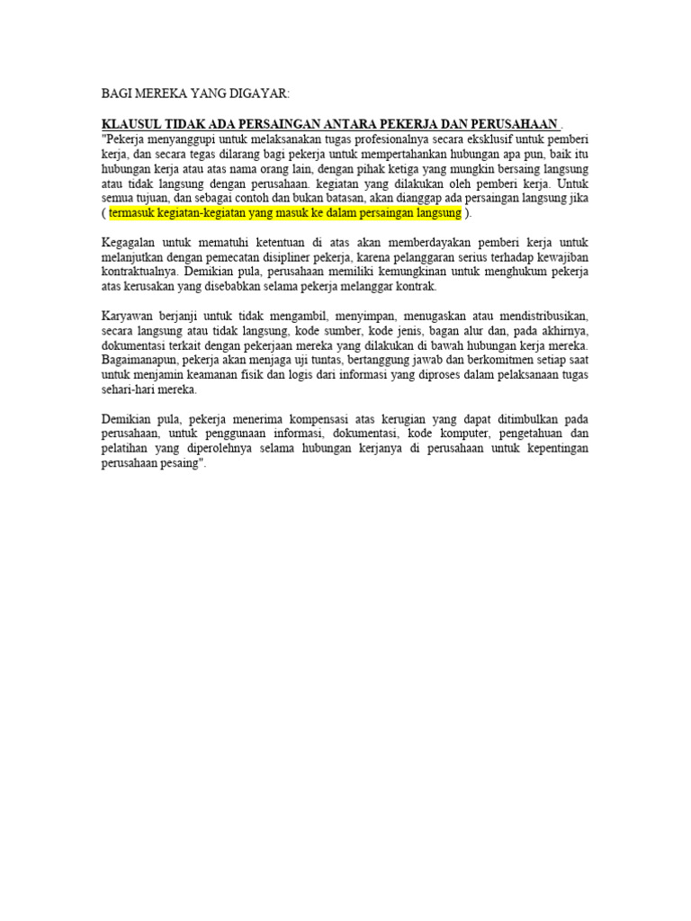 Model Klausul Non-Kompetisi | PDF