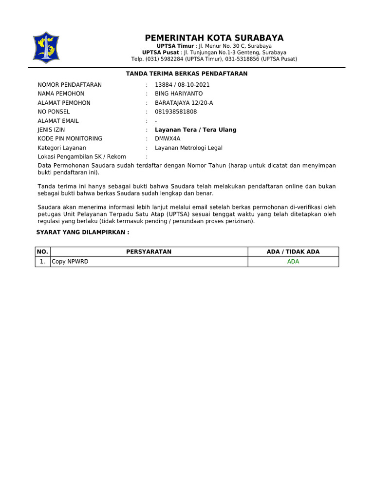 tanda terima tera ulang | PDF