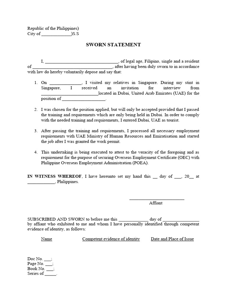 SWORN STATEMENT For OFW | PDF | Career & Growth | Finance & Money Management