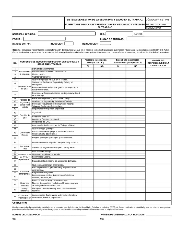 Formato de induccion de SST. | PDF