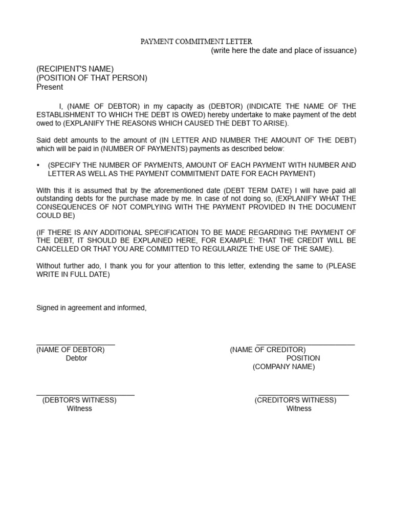 Payment Commitment Letter Format | PDF | Debt | Debtor