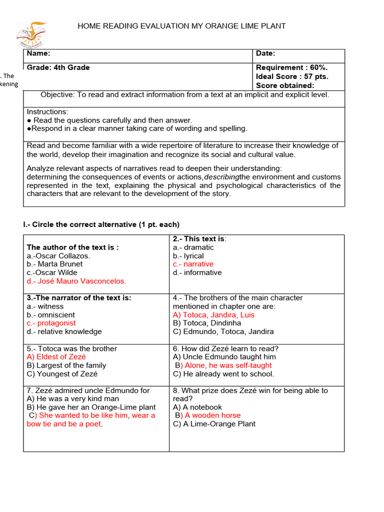 Home Reading Evaluation My Orange Lime Plant Correction | PDF | Narration