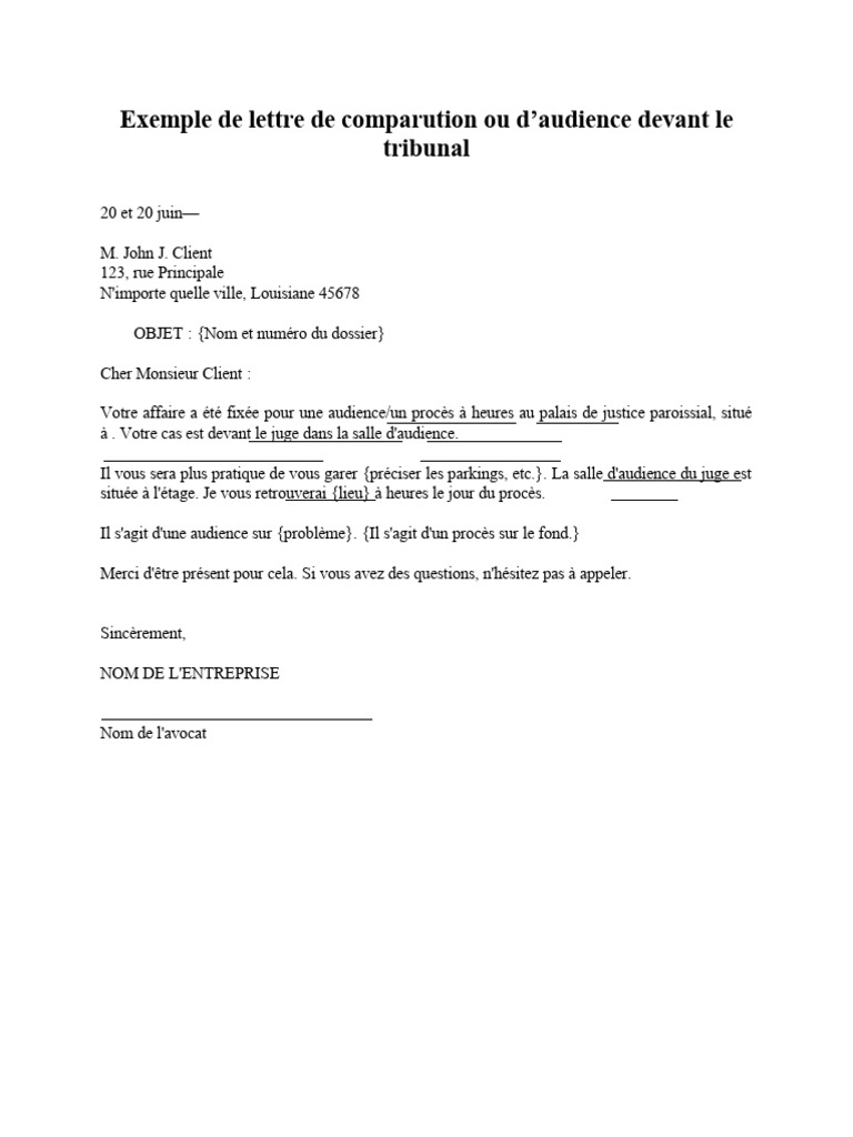 S 4 Exemple de Lettre D'audience de Comparution Devant Le Tribunal ...