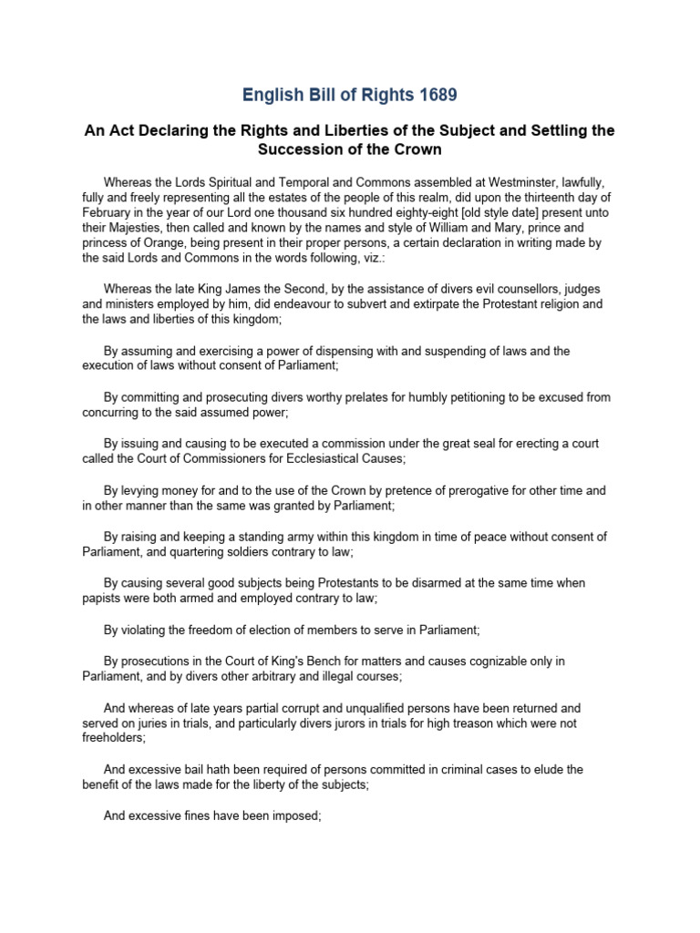 English Bill of Rights 1689 | PDF