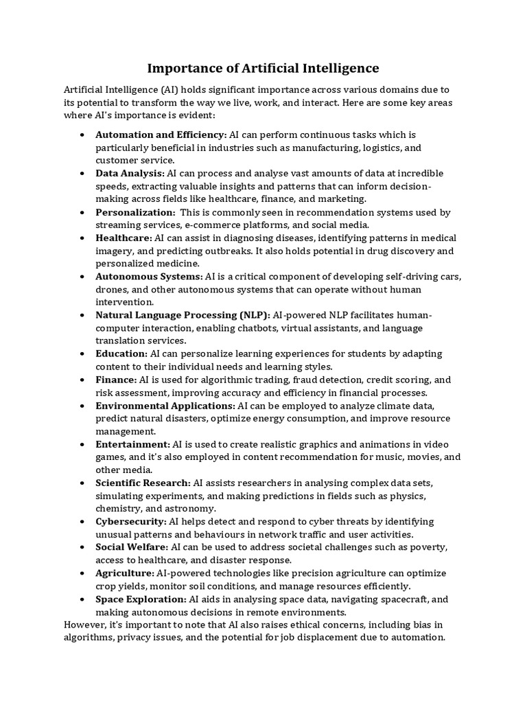 Importance of Artificial Intelligence | PDF | Technology & Engineering