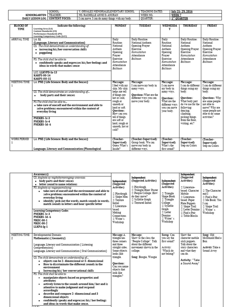 Learning Area (LA) Content Standards (CS) Performance Standards (PS ...