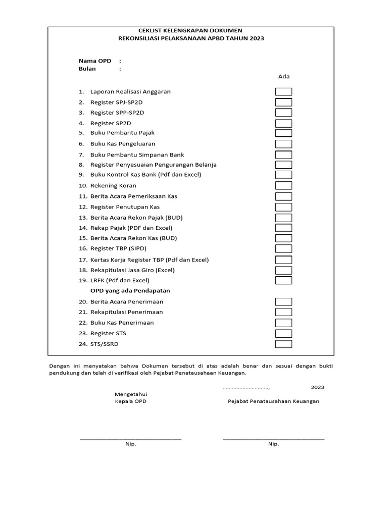 Checklist Kelengkapan Dokumen Rekon 2023 | PDF