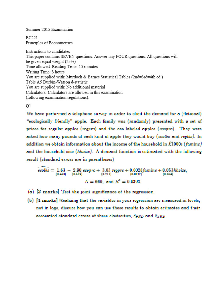 LSE - 2015 Econometrics Paper | PDF