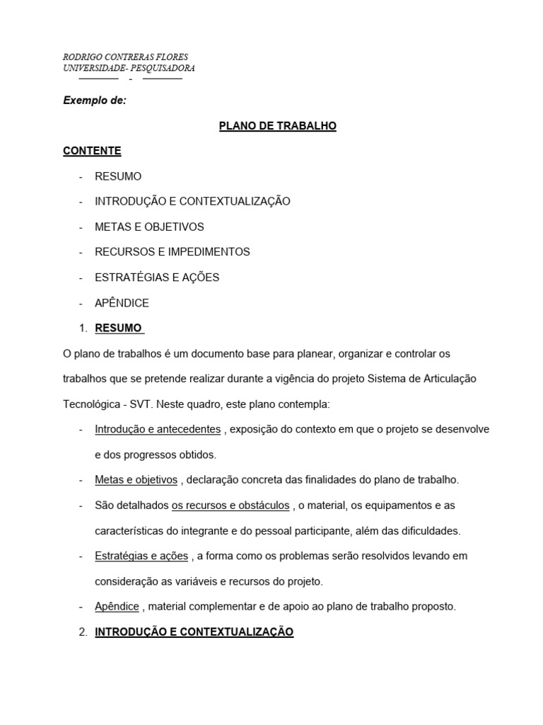 Exemplo de Plano de Trabalho | Download grátis PDF | Gestão de recursos ...