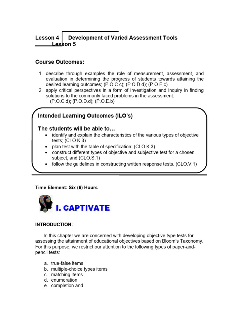 Lesson 4 Development of Varied Assessment Tools 2 | PDF