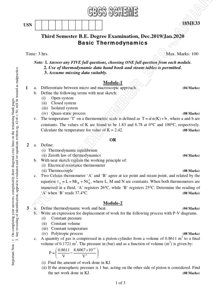 BTD 18ME33 - Dec 2018-Jan 2019 | PDF | Heat | Entropy