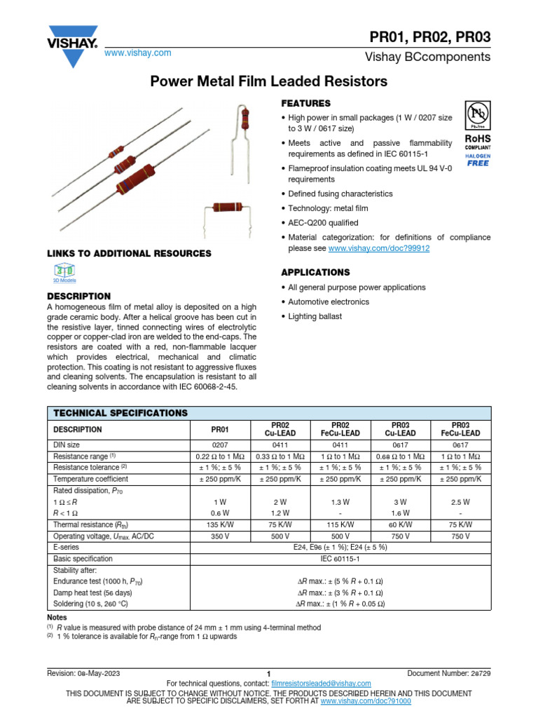 Pr01, Pr02, Pr03: Vishay Bccomponents | PDF | Electrical Resistance And ...