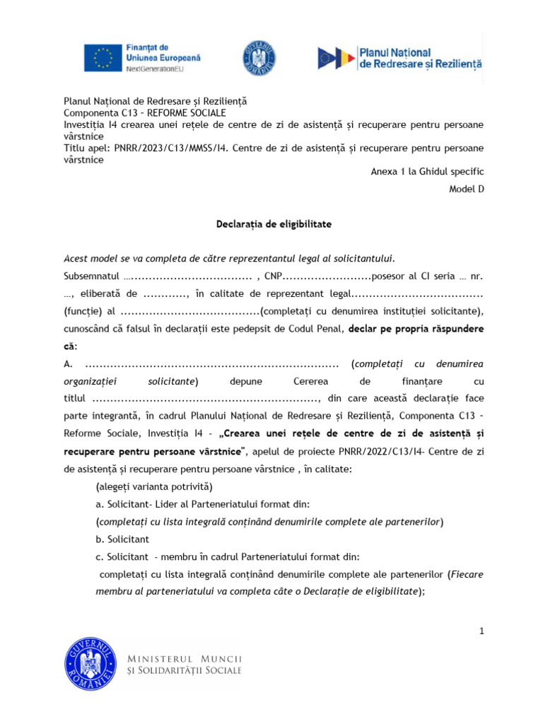 PNRR C13-I4 GS A1-modelD-Declaratie Eligibilitate 11052023 | PDF