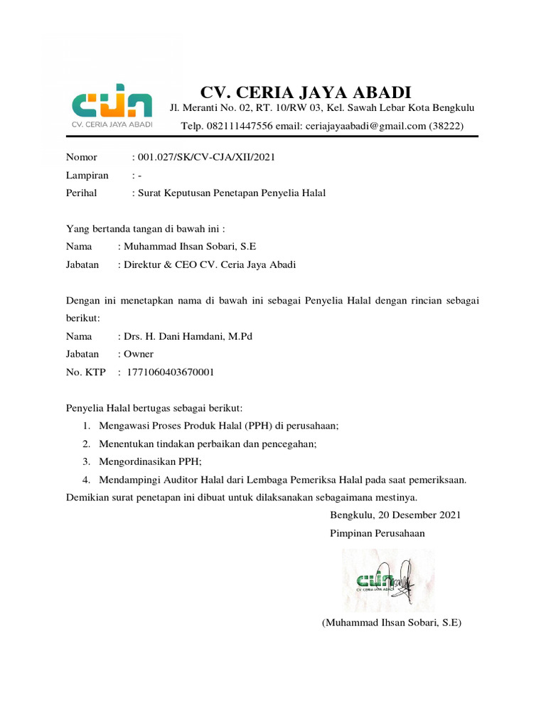 027 - Surat Keputusan Penetapan Penyelia Halal New | PDF