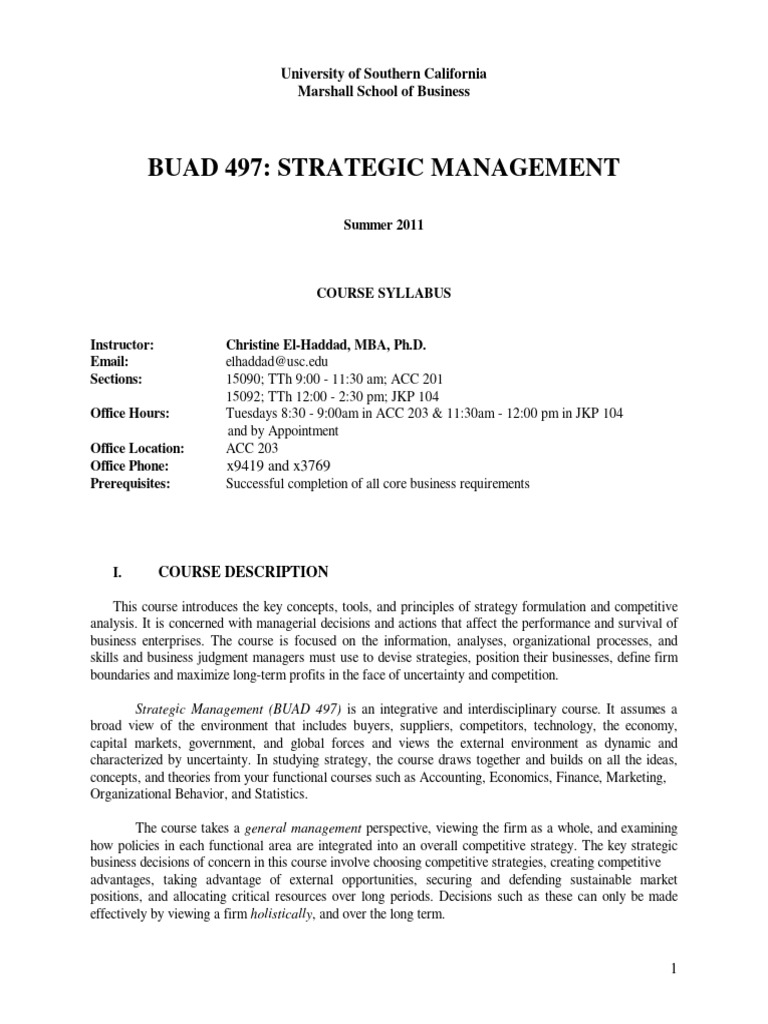Usc Strategic Management Course Syllabus | PDF | Strategic Management ...