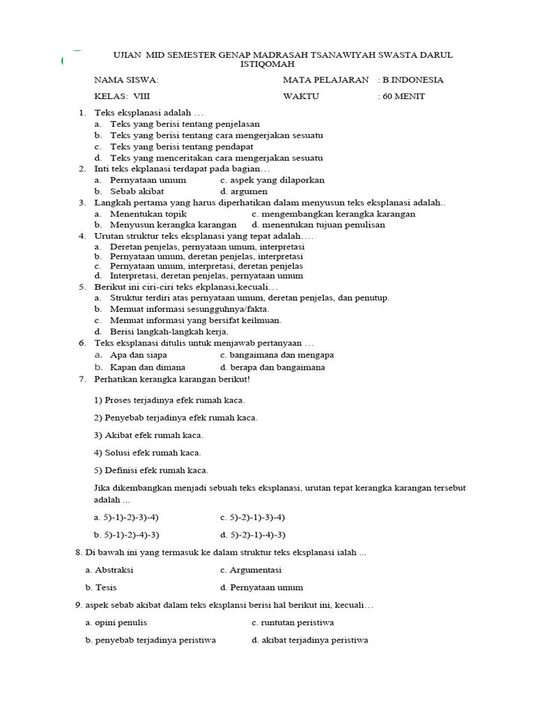 Ujian Mid Semester Genap Madrasah Tsanawiyah Swasta Darul | PDF
