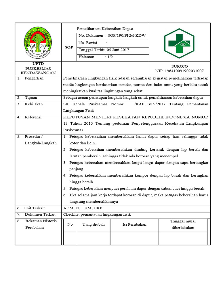 Sop Pemeliharaan Kebersihan Dapur | PDF