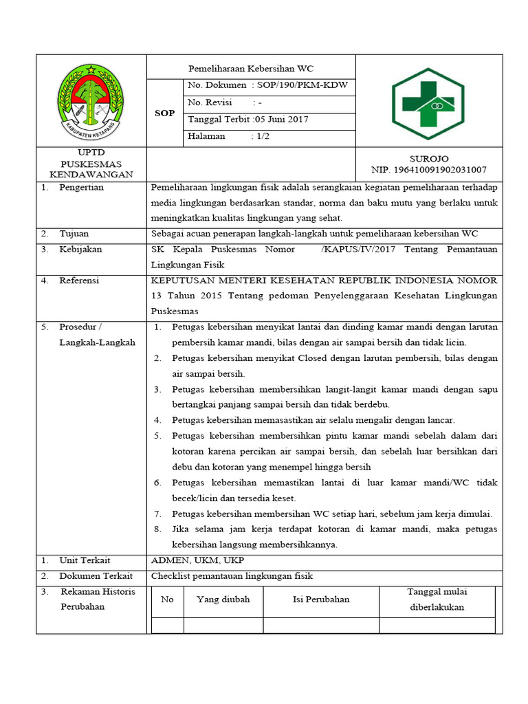 Sop Pemeliharaan Kebersihan WC | PDF