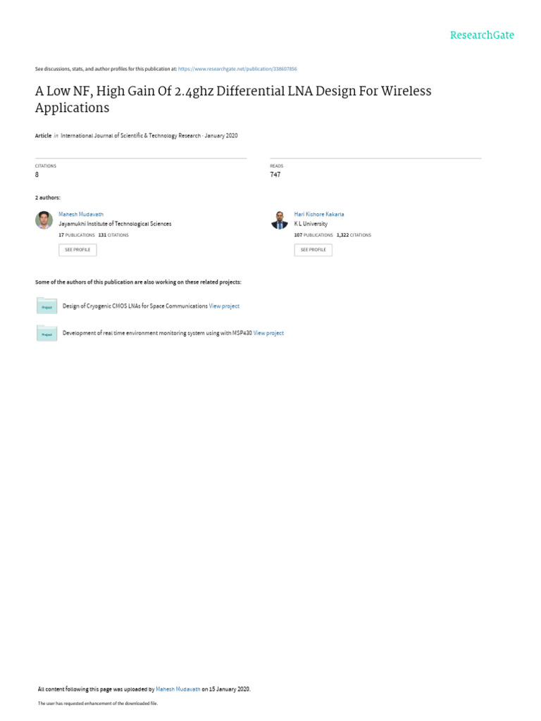 A Low NF High Gain of 24ghz Differential Lna Design For Wireless ...