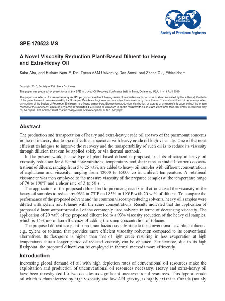 A Novel Viscosity Reduction Plant-Based Diluent For Heavy and Extra ...