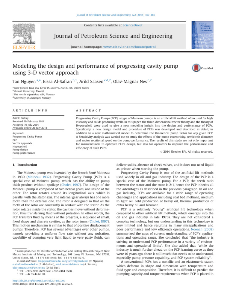 Modeling The Design and Performance of Progressing Cavity Pump Using 3-D Vector Approach | PDF