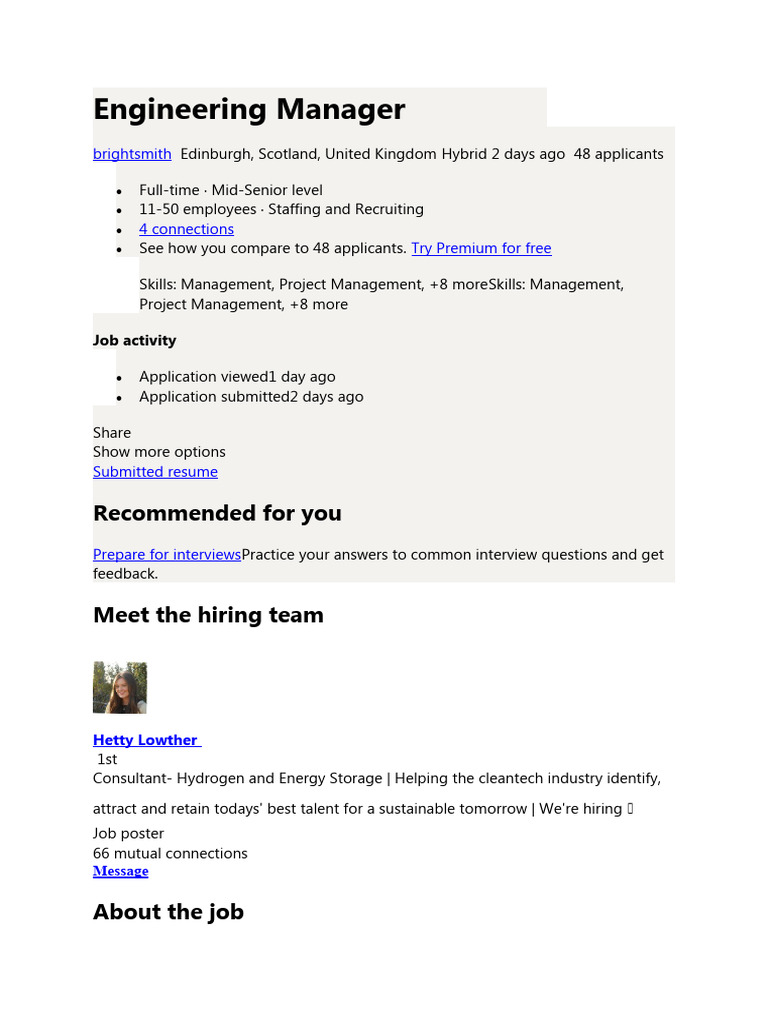 Engineering Manager Role at Brightsmith | PDF