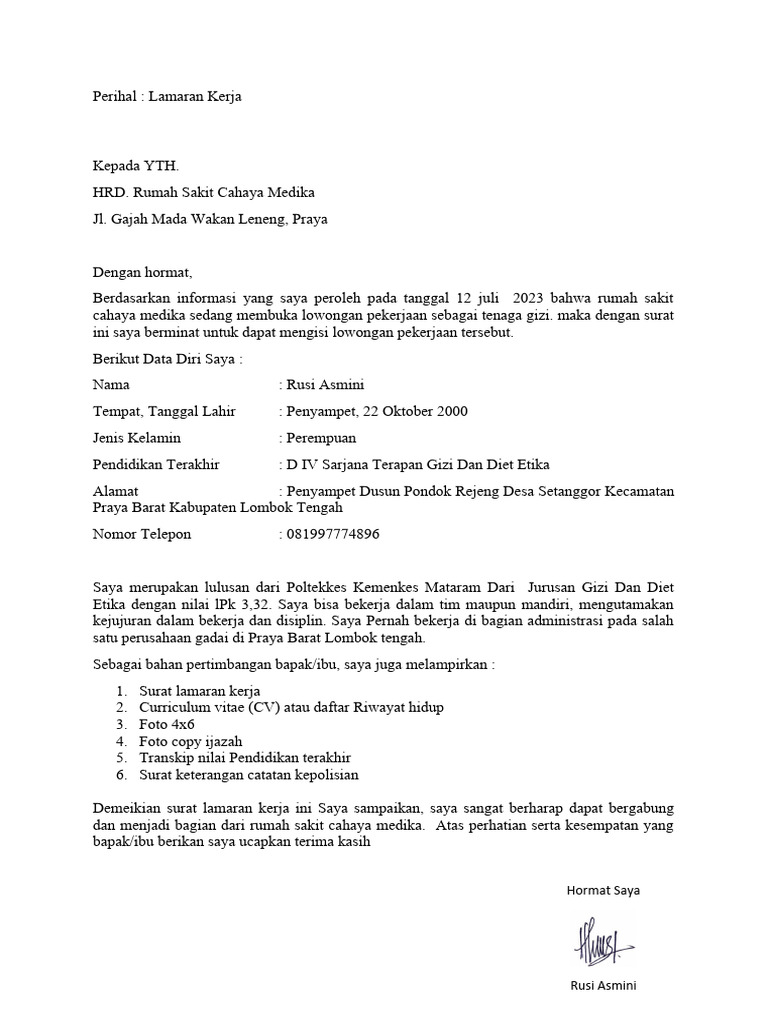 Surat Lamaran Kerja RSCM | PDF